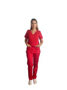 Costum medical cu elastan Alexa rosu - Med-Activ