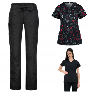 Costum medical Andreea negru 3piese inimi negre - Med-Activ
